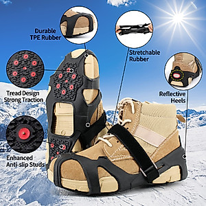 Xproutdoor Non-Slip Ice Cleats Snow Grips, with Reflective Heels, Strong Traction Crampons 10 Tungsten Studs, for Shoes and Boots, Snow Ice Walking, Large