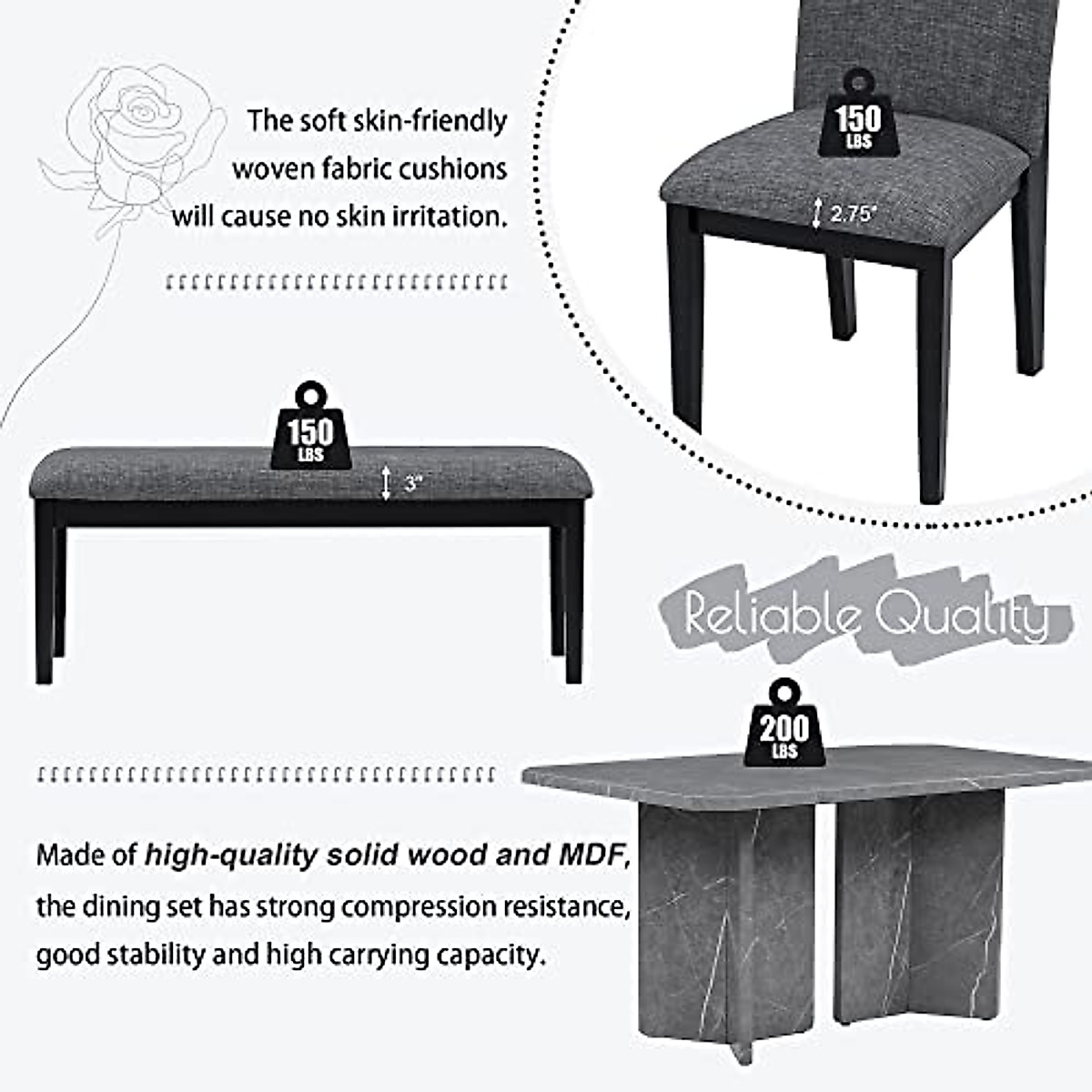 Lifeand 6-Piece Modern Style Set with Faux Marble Table and 4 Upholstered Dining Chairs & 1 Bench,Gray, Grey