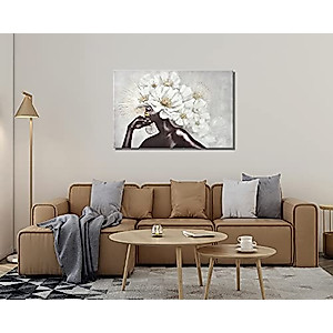 ARTINME Framed African American Black Art Women with Glod Flowers Wall Art Hand-Painted on Canvas Print Wall Picture for Home Accent Living Room Wall Deco 24"x36"
