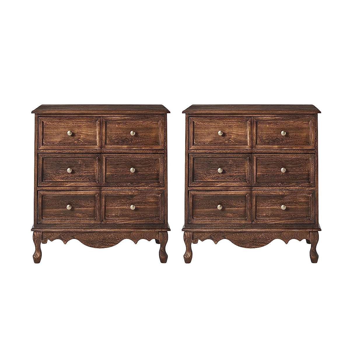 HULALA HOME 3-Drawer Nightstand with Charging Station, Drawer Organizer with Wood Legs, Farmhouse Solid Wood Nightstand Set of 2(Walnut)