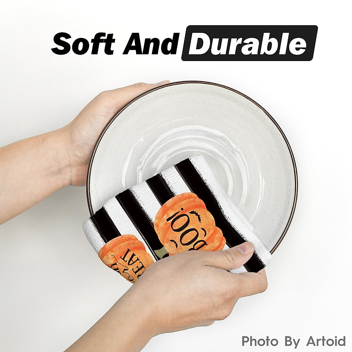 Artoid Mode Watercolor Stripes Happy Halloween Kitchen Towels and Dish Towels, 18 x 26 Inch Spooky Trick Boo Pumpkins Holiday Ultra Absorbent Drying Cloth Hand Towels for Cooking Baking Set of 2