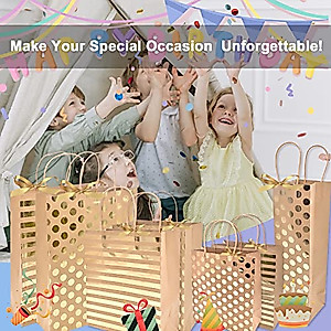 24Pcs 10x12x5" Gold Foil Large Kraft Brown Paper Gift Bags Bulk with Handles,Hotstamp Stripes and Dots,Party Favor/Shopping/ Wedding/Retail/Merchandise/Graduation/Takeouts Craft Bags (Large, brown-2side foil) (Large)