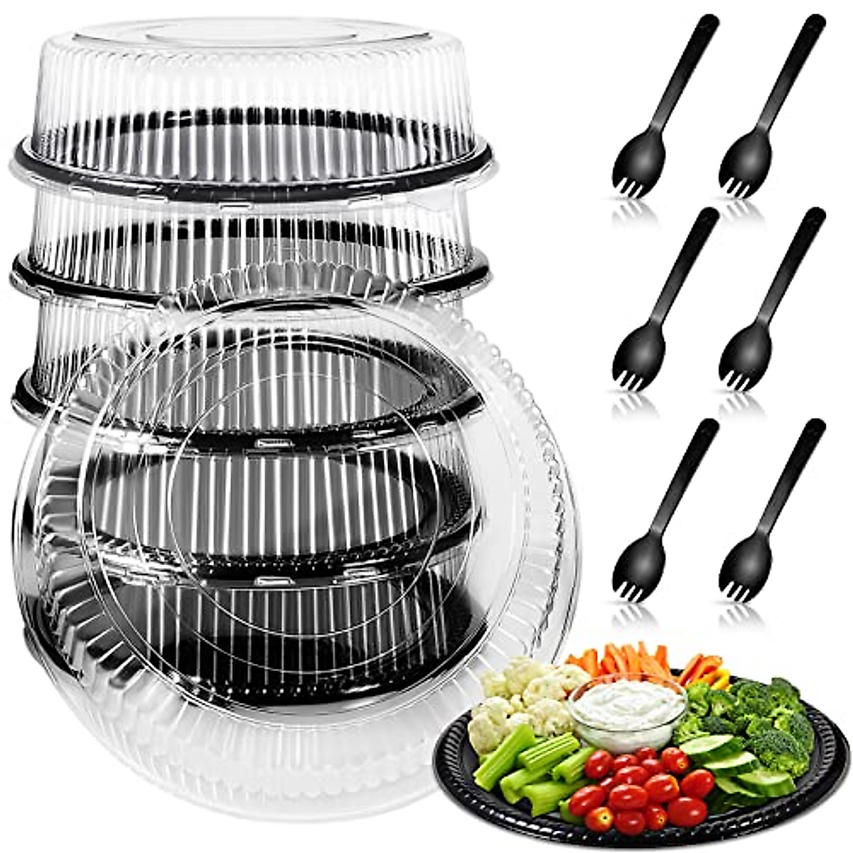 6 Pack 12 Inch Heavy Duty Serving Tray with Clear Lid and Sporks, Large Plastic Tray with Elegant Platter Round Black Disposable for Salad Sandwich Party Takeout Food Catering Picnic