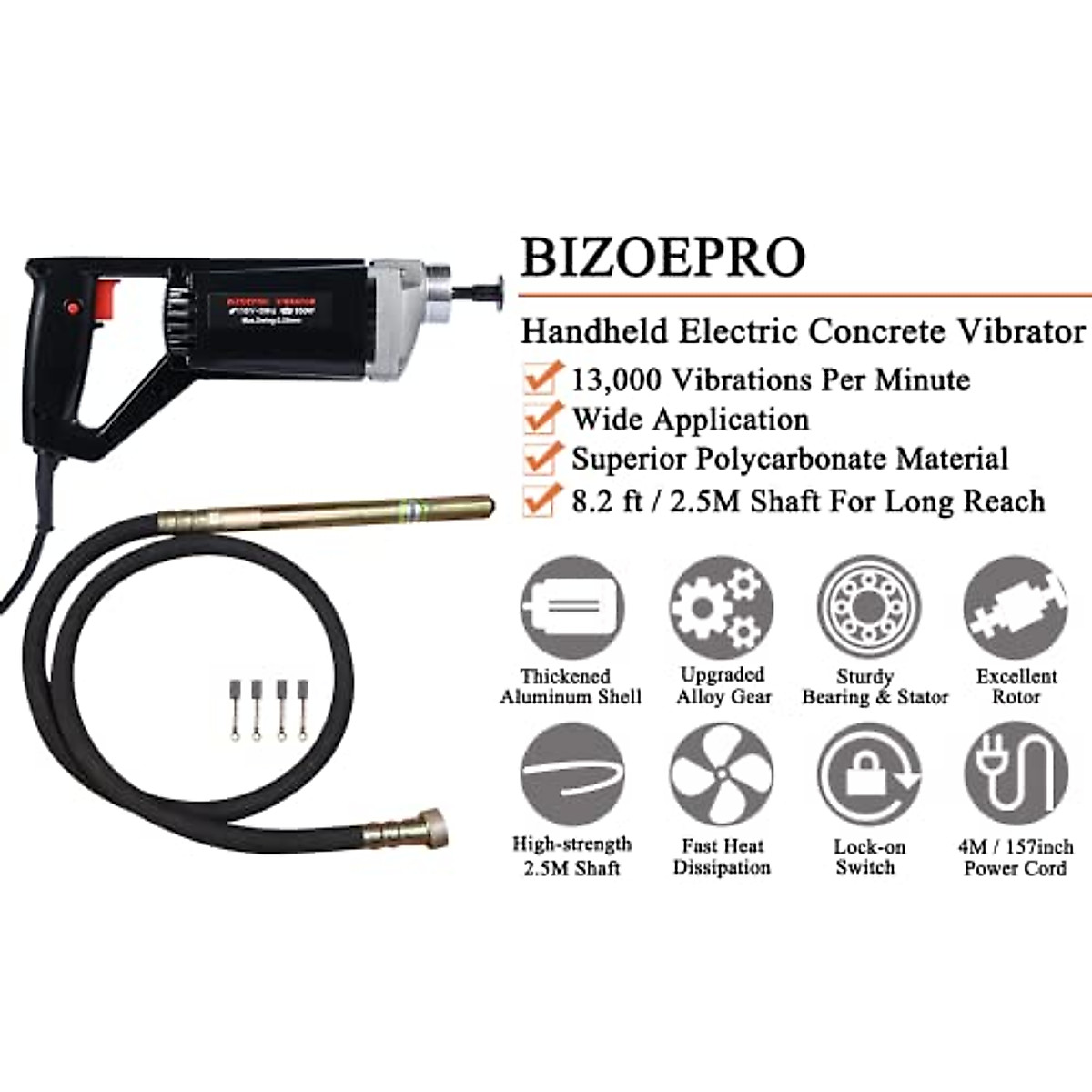 BIZOEPRO Hand Held Power Concrete Vibrator 950W 13000rpm With 2.5M(8-1/5feet) Shaft Rod Electric Concrete Vibrabrater Portable Construction Pencil Vibrator