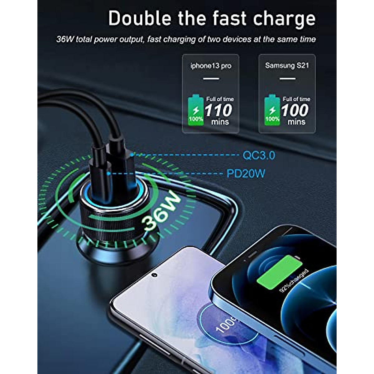 2-Pack USB C Car Charger, 38W 2-Port iPhone 14 Car Charger, All Metal PD3.0 Dual Cargador Carro Lighter Adapter for iPhone iPhone 14/13 Pro/12/12 Pro/12 Mini, Galaxy S22/S21/S20/S10/S9, iPad Pro