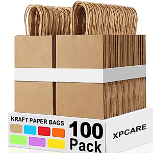 XPCARE 100Pcs Paper Gift Bags 5.25x3.25x8.25'', Small Paper Bags with Handles Bulk, Shopping Bags, Kraft Bags, Retail Bags, Party Bags Brown(Brown)