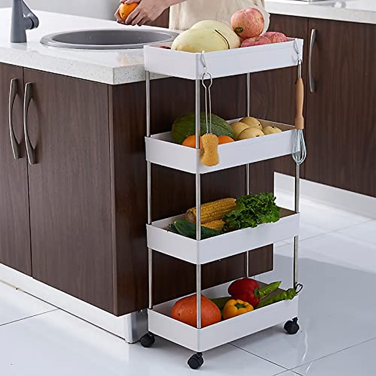 RUTILY 4 Tier Slim Rolling Storage Cart Bathroom Mobile Shelving Unit Kitchen Rolling Utility Organizer for Laundry Narrow Places White