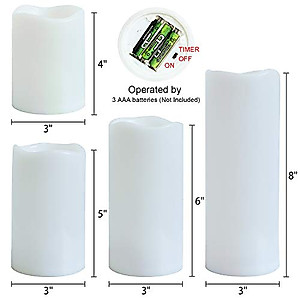 Eldnacele Waterproof Flameless Flickering Candles with 6 Hours Timer, Indoor Outdoor White LED Plastic Battery Operated Pillar Candles Pack of 4 for Wedding Festival White, D3”x H4” 5” 6” 8”