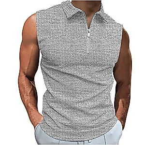 Muscularfit Men's Polo Shirts Casual Loose Sleeveless Waffle Zipper T Shirt Summer Slim Fit Solid Color Tank Tops Vest 2023 Mens Athletic Shirts Gray L