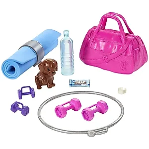 Barbie Doll, Red-Haired Fitness Doll with Puppy & 9 Accessories Including Yoga Mat with Strap, Hula Hoop, Weights & Bag
