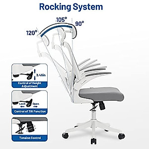 HOFFREE Ergonomic Office Chair High Back Executive Mesh Desk Chair with Adjustable Lumbar Support Headrest and Flip-up Armrest Swivel Task Chair for Home Office Chair Grey and White