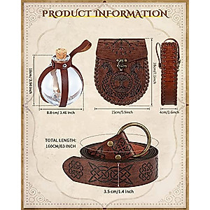 Jiuguva 3 Pcs Medieval Viking Belt Leather Renaissance Belt Pouch Cork Potion Bottle Medieval Bag Renaissance Accessories(Brown, Two Dragons)