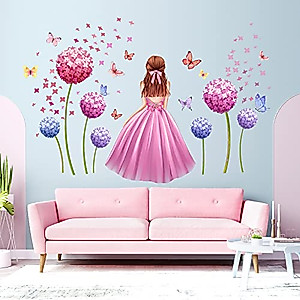 Pink Flower Wall Sticker Butterfly Fairy Girl Wall Decals DIY Purple Princess Wall Stickers Removable Dandelion Floral Wall Decals Waterproof Wall Mural for Kids Nursery Bedroom
