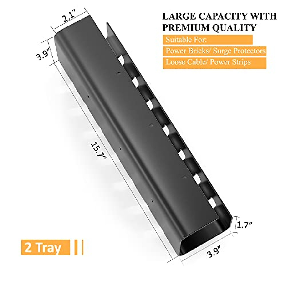 Under Desk Cable Management Tray Kit - 2 Pack No Drill Cable Management Under Desk Trays with Cable Ties and Double Sided Tapes - Super Easy to Setup Cord Organizer for Desk - 15.7" x 3.9" x 3.9"