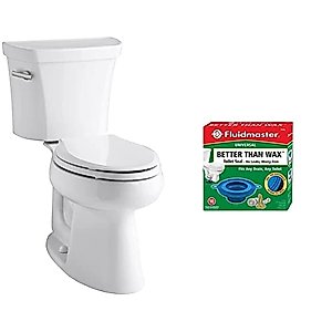 Kohler K-3999-0 Highline Comfort Height Two-piece Elongated 1.28 Gpf Toilet, White & Fluidmaster 7530P8 Universal Better Than Wax Toilet Seal, Wax-Free Toilet Bowl Gasket Fits Any Drain