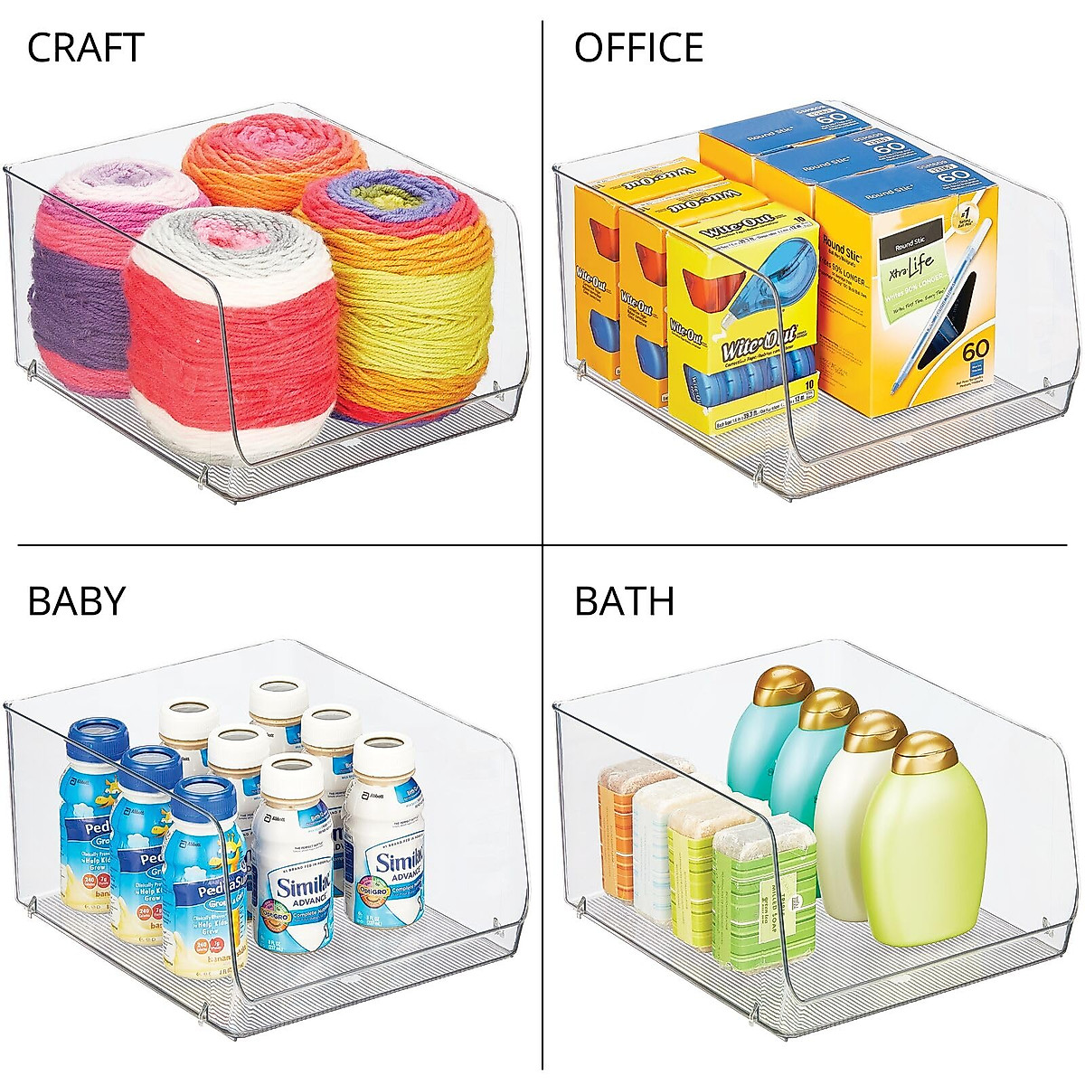 mDesign Wide Stackable Plastic Food Storage Organizer Bin Basket with Open Front for Household Kitchen Cabinets, Pantry, Offices, Closets, Bedrooms, Bathrooms - 10.2" Wide, 2 Pack - Clear