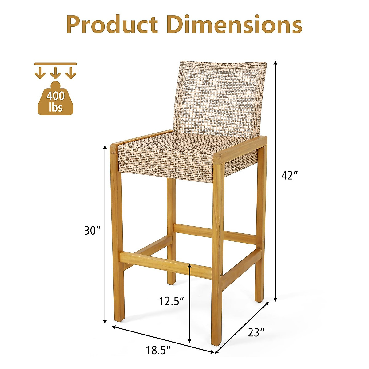 Tangkula Patio Wood Barstools Set of 2, PE Rattan Bar Height Chairs with Backrest, Stable Metal Frame, 400 lbs Max Load, Light Brown PE Wicker Bar Chairs for Porch, Backyard, Balcony (2)