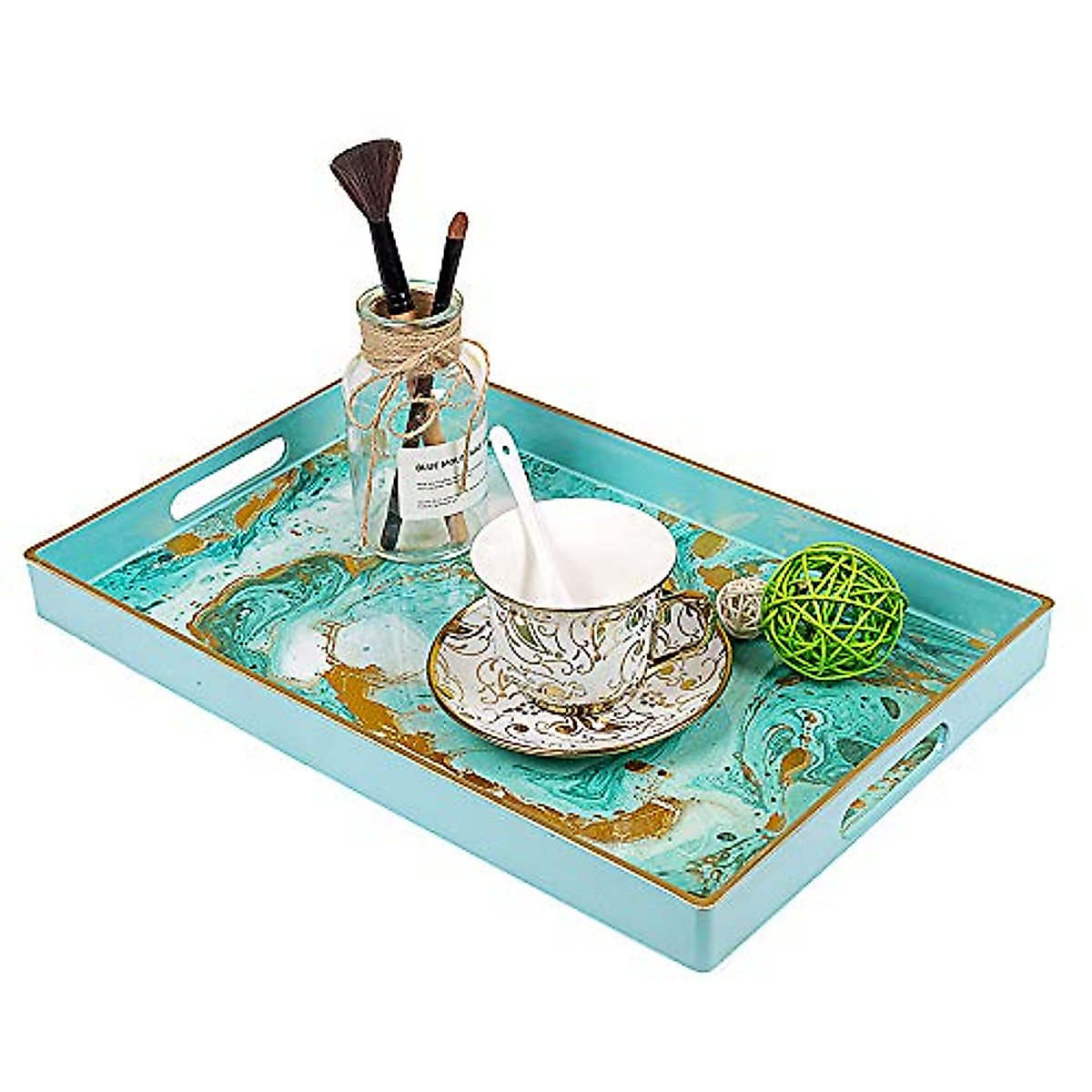 MAONAME Turquoise Serving Tray with Handles, Plastic Decorative Tray for Coffee Table, Marbling Rectangular Tray for Bathroom, Ottoman, Storage, 15.7" Lx 10.2" W X 1.57" H