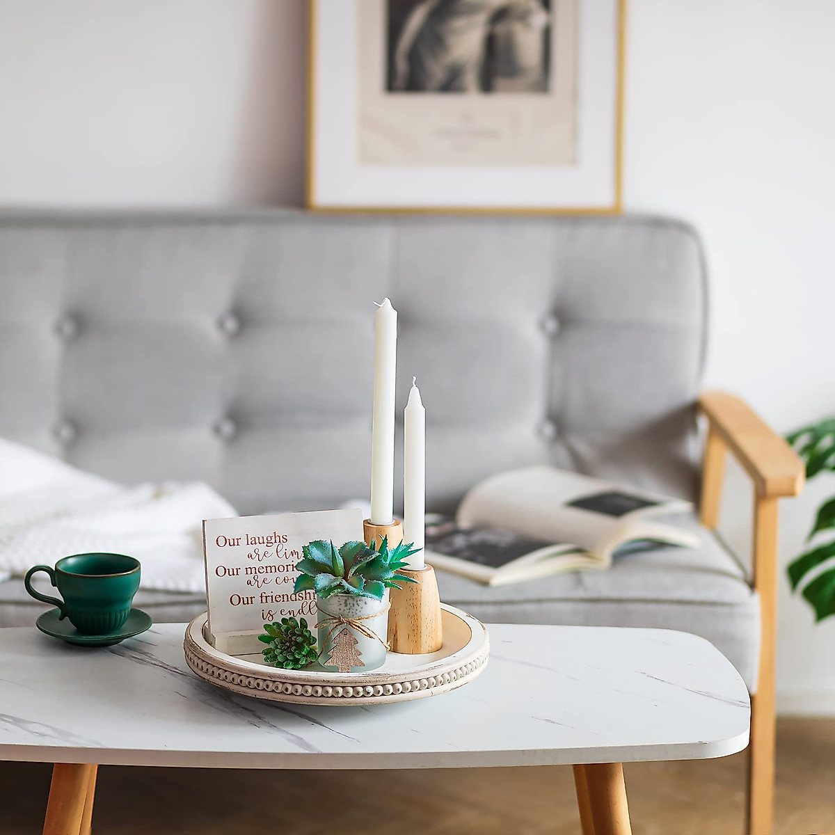 Lazy Susan Organizer Wooden Turntable: Hanobe White Round Wood Trays for Decorative Kitchen Counter Coffee Table Home Decor with Beaded Spice Spinner