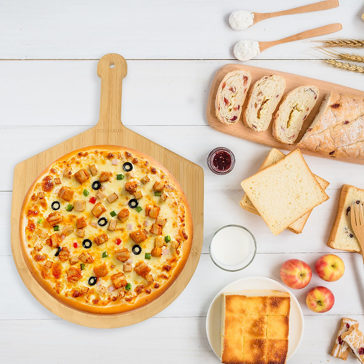YOUYIXUN Pizza Peel 12 inch,Double Sided Wooden Pizza Paddle Spatula Oven Accessory,Bamboo Pizza Board with handle,Wood Cutting Board for Cheese Bread Fruit Vegetables