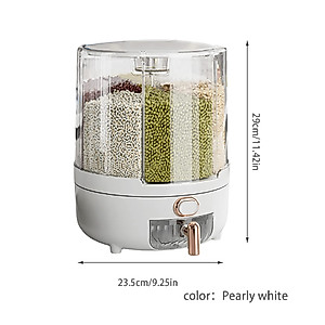 Rice Containers, 360 Degree Rotating Dry Food Dispenser with 6 Compartments Holder, Clear Grain Dispenser, Grain Storage Bin for Rice & Beans (10KG Capacity)