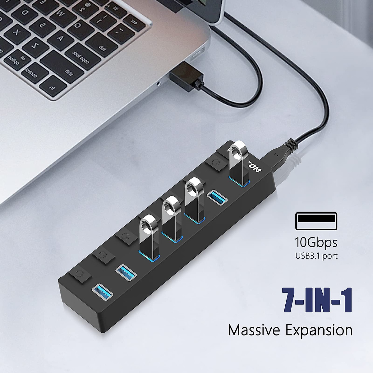 Powered USB 3.1/3.2 Hub, VANOTOM 7-Port Charging USB 3.1/3.2 Gen 2 Hub, Superspeed USB Splitter up to 10Gbps with Power Adapter and Individual On/Off Switches for PC and Laptop