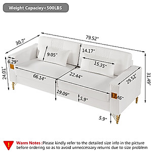 Betoko Velvet Upholstered Sofas Couches for Living Room Modern Contemporary Channel Tufted Beige 3 Seater Sofa Couch with Golden Metal Legs for Bedroom Office and Small Spaces (White)