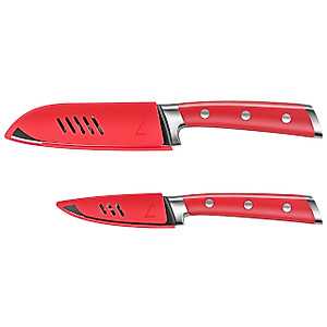 Cangshan S+ Series 1022131 German Steel Forged 2-Piece Titanium Coated Santoku Starter Knife Set with Sheaths, Jupiter Red