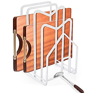 Suwimut Cutting Board Rack Chopping Board Organizer Stand, Flat Steel Pot Pan Lids Holder Rack with 4 Slots for Kitchen Cabinet Countertop, 4.92 x 5.71 x 8.46 Inches, White
