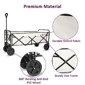 DYD Extended Folding Utility Wagon, 330LBS Heavy Loaded Collapsible Garden Cart with Anti-Slip Wheels, Adjustable Handle and Side Pockets, Large, White, Picnic, Beach, Camping, X-Large