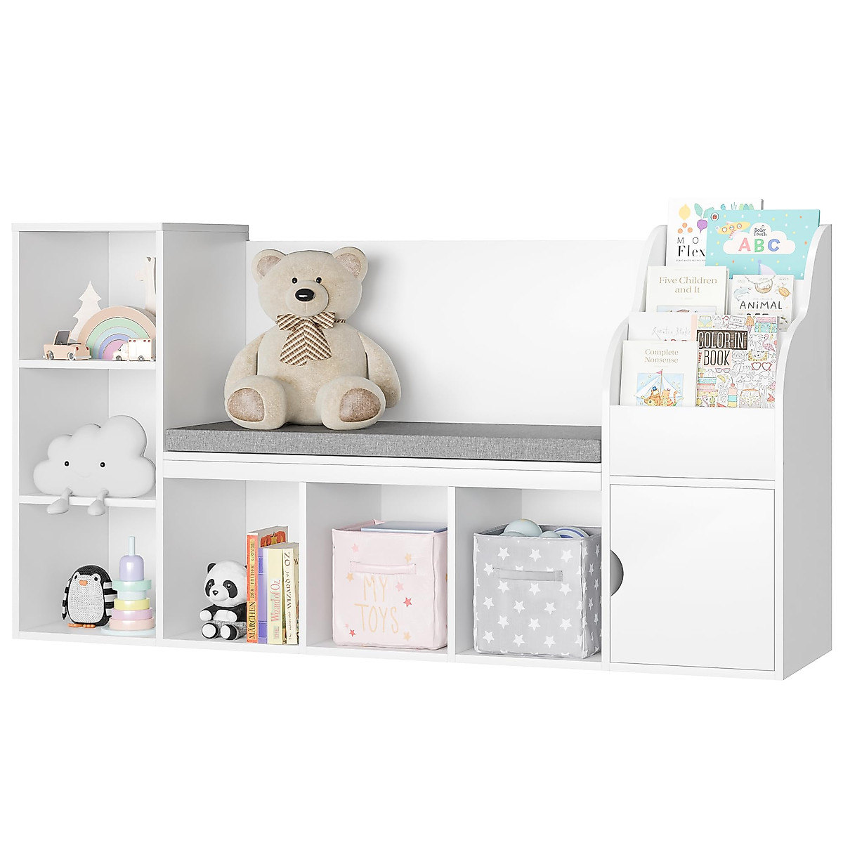 MU Kids Bookshelf with Reading Nook, Toddler Bookcase Bench with Seat Cushion and 7 Storage Cubbies, Kids Reading Nook for Boys & Girls, Toy Storage Bench Box for Bedroom, Playroom, Nursery, White
