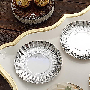 Balsa Circle 50 Metallic Silver 3.5 in Round Disposable Dessert Paper Plates Scalloped Trim Party Events Reception Home Decorations Supplies