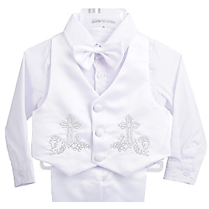 Dressy Daisy Baby Boy Satin Baptism Clothes Christening Outfit with Bonnet 5 Pieces Set Formal White Suit Size 6-9 Months Style A