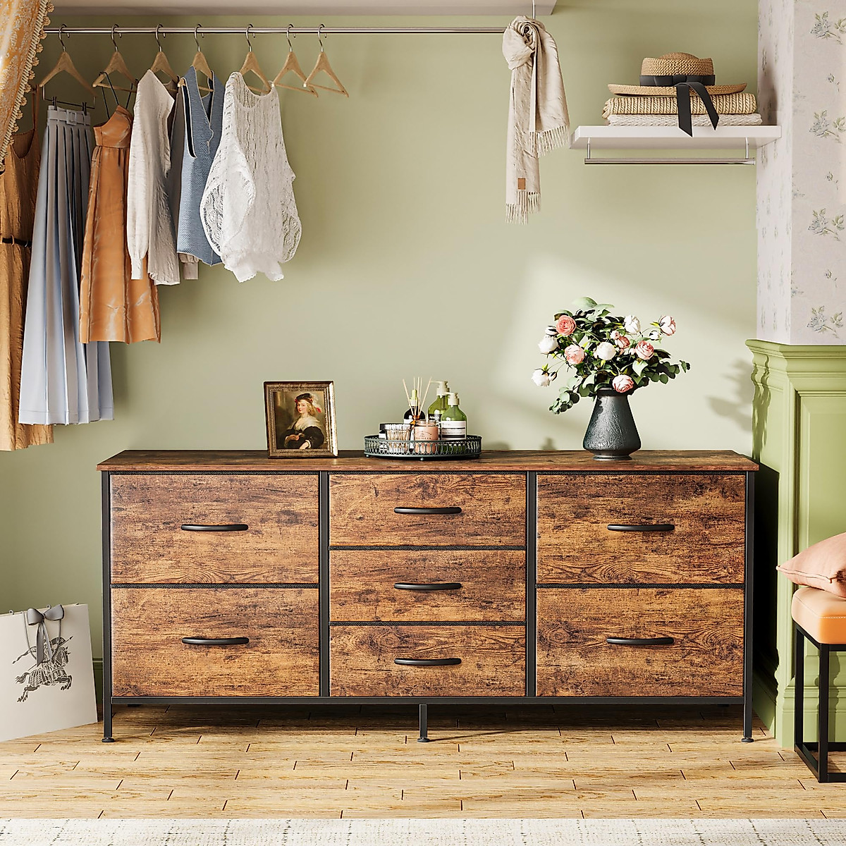 Huuger Dresser with 7 Drawers, 47 Inch Dresser TV Stand for 43, 50, 55 Inch TV, Wide Fabric Dresser Chest of Drawers, Metal Frame, Storage Dresser for Bedroom, Nursery, Clothing, Rustic Brown