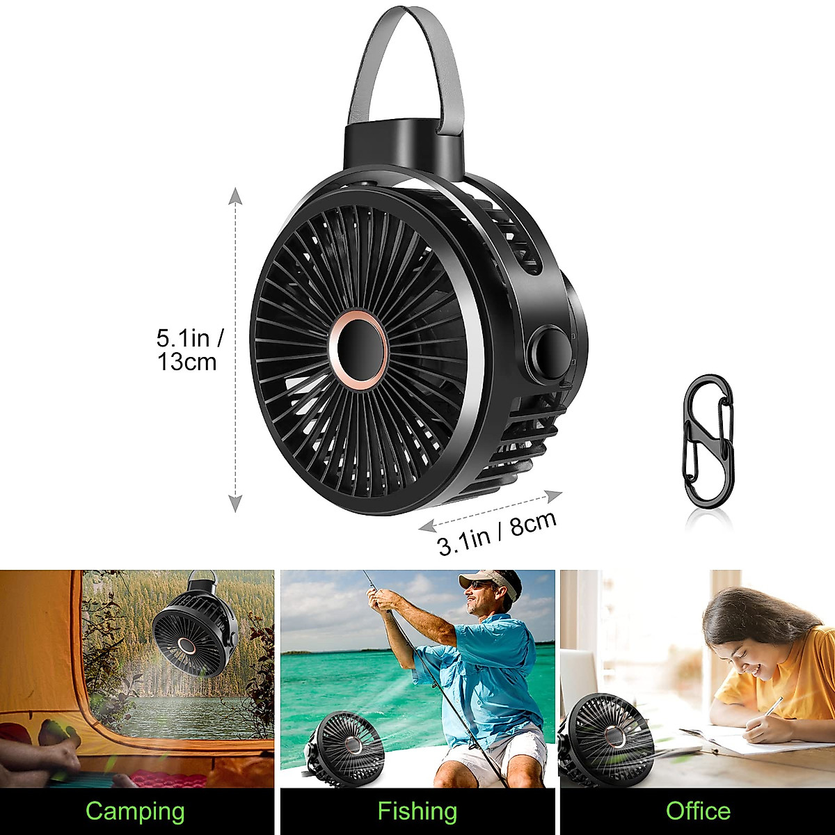 Odoland 2 Packs 10000mAh Camping Rechargeable Fan with Hanging Hook Carabiner, Portable Battery Operated Tent Fan, Quiet Strong Airflow, Outdoor Fan USB Desk Fan for Picnic Travel Barbecue Fishing