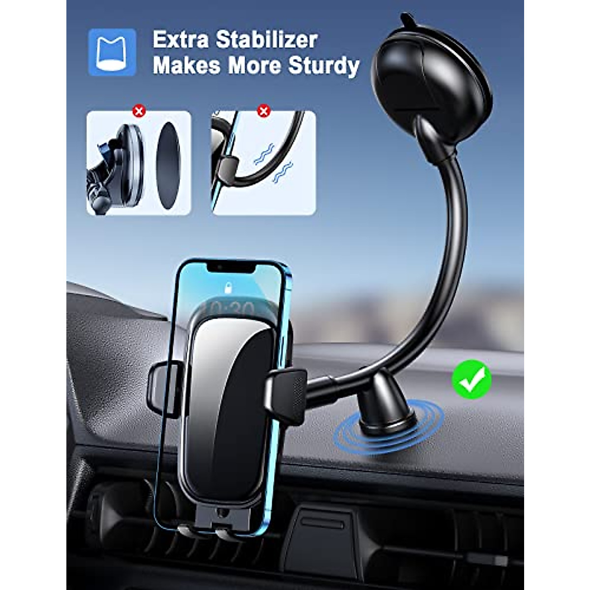 Cezuly Phone Mount for Car [Anti-Shake Stabilizer], 7.5" Gooseneck Windshield & Dashboard Car Phone Holder Mount, [Strong Suction Cup] Long Arm Cell Phone Holder Car Compatible with 4-7" Phones