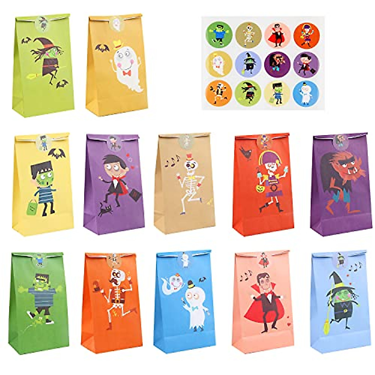 KIMOBER 36pcs Halloween Paper Gift Candy Bags,Trick or Treat Goodie Bags With Sticker For Halloween Party Favor Supplies
