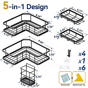 YASONIC 5-Pack Corner Shower Caddy, Corner Shower Shelves with 12 Hooks, Rustproof Shower Shelf for Inside Shower, No Drilling Shower Corner Shelf, Bathroom Shower Organizer Corner, Black