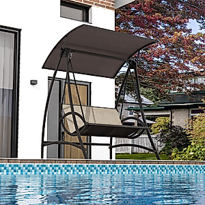 Domi Porch Patio Swing with Adjustable Canopy, 2-seat Swing with Stand, Outdoor Loveseat Swing w/Armrests, Weather Resistant Steel Frame and Textilene Fabric Dark Brown