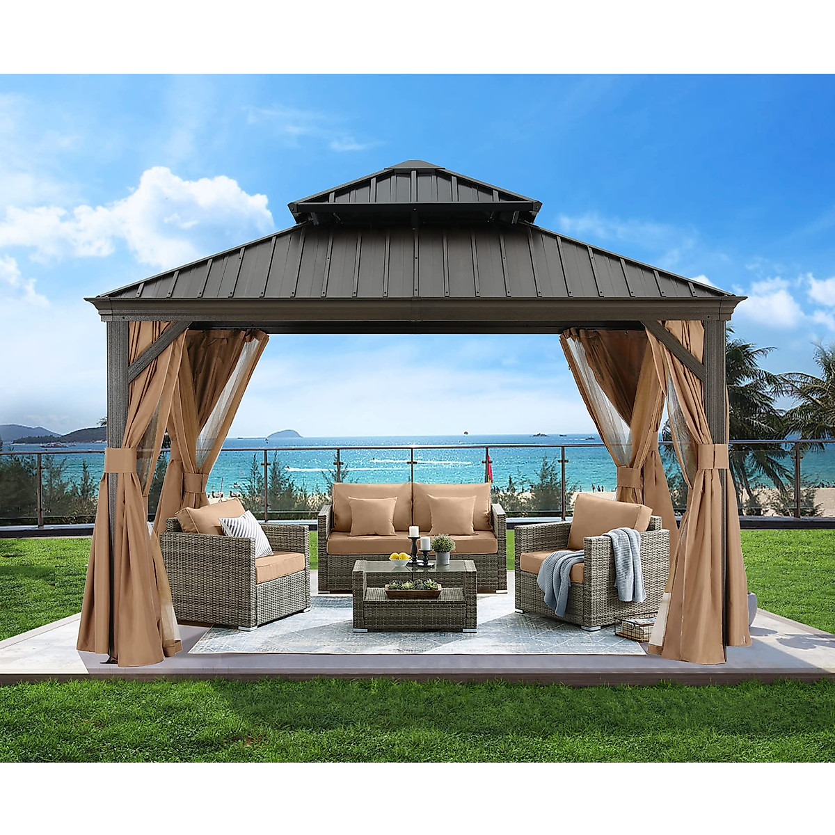 ABCCANOPY Hardtop Gazebo 12x12 - Outdoor Metal Hard Top Gazebo, Permanent Galvanized Steel Aluminum Framed Pavilion with Netting and Curtain for Patio Backyard Lawn Garden (Double Roof, Khaki)