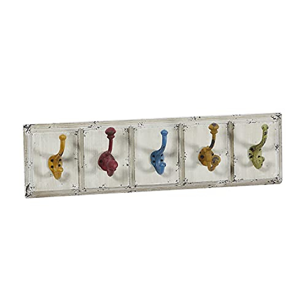 Deco 79 Wood 5 Hangers Wall Hook with Multi Colored Hooks, 24" x 4" x 7", White