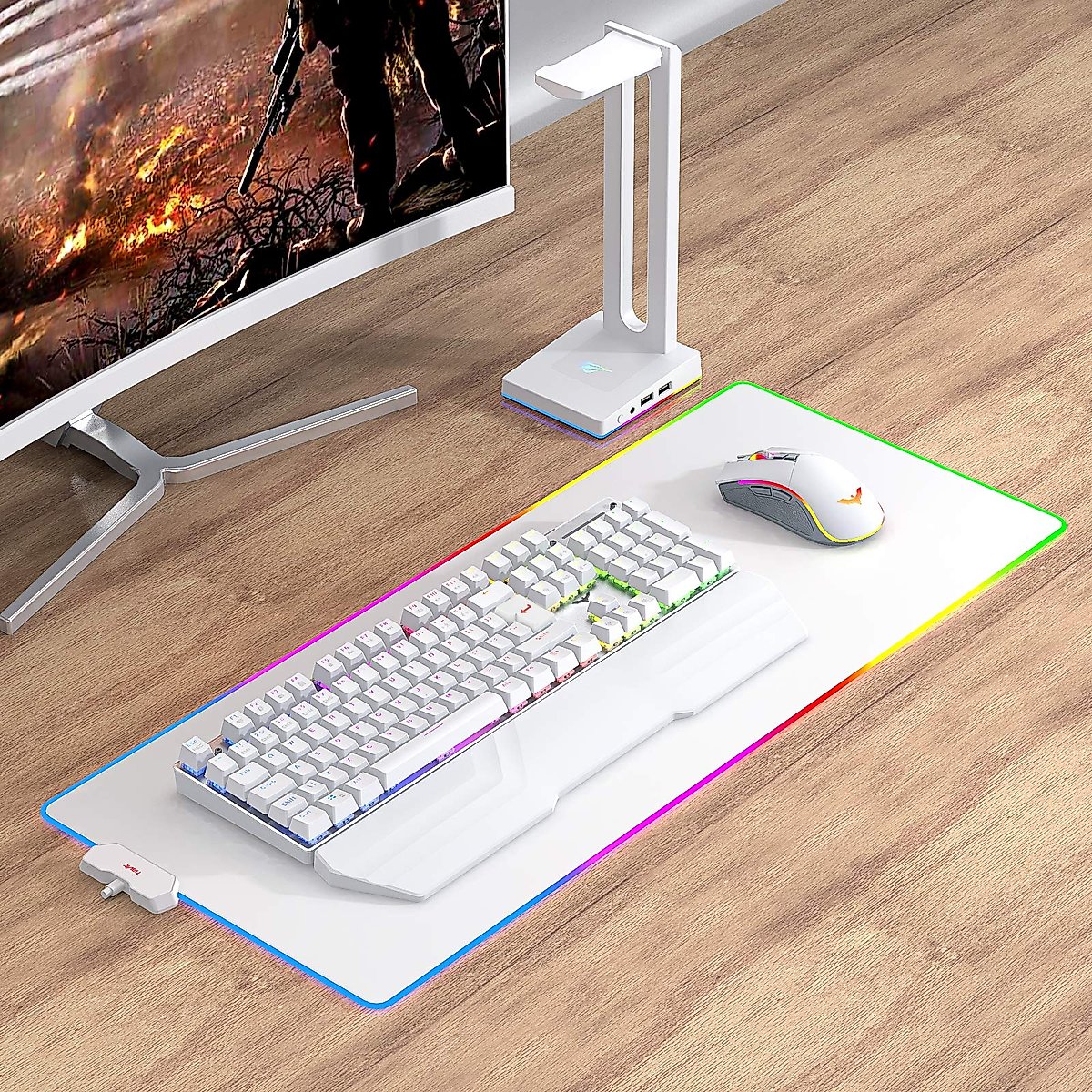 havit Wired RGB Mechanical Gaming Keyboard and Mouse Combo Set UK Layout, Blue Switch Mechanical Keyboard with Detachable Ergonomic Wrist Rest 4800Dots Per Inch Programmable Wired Mouse, White