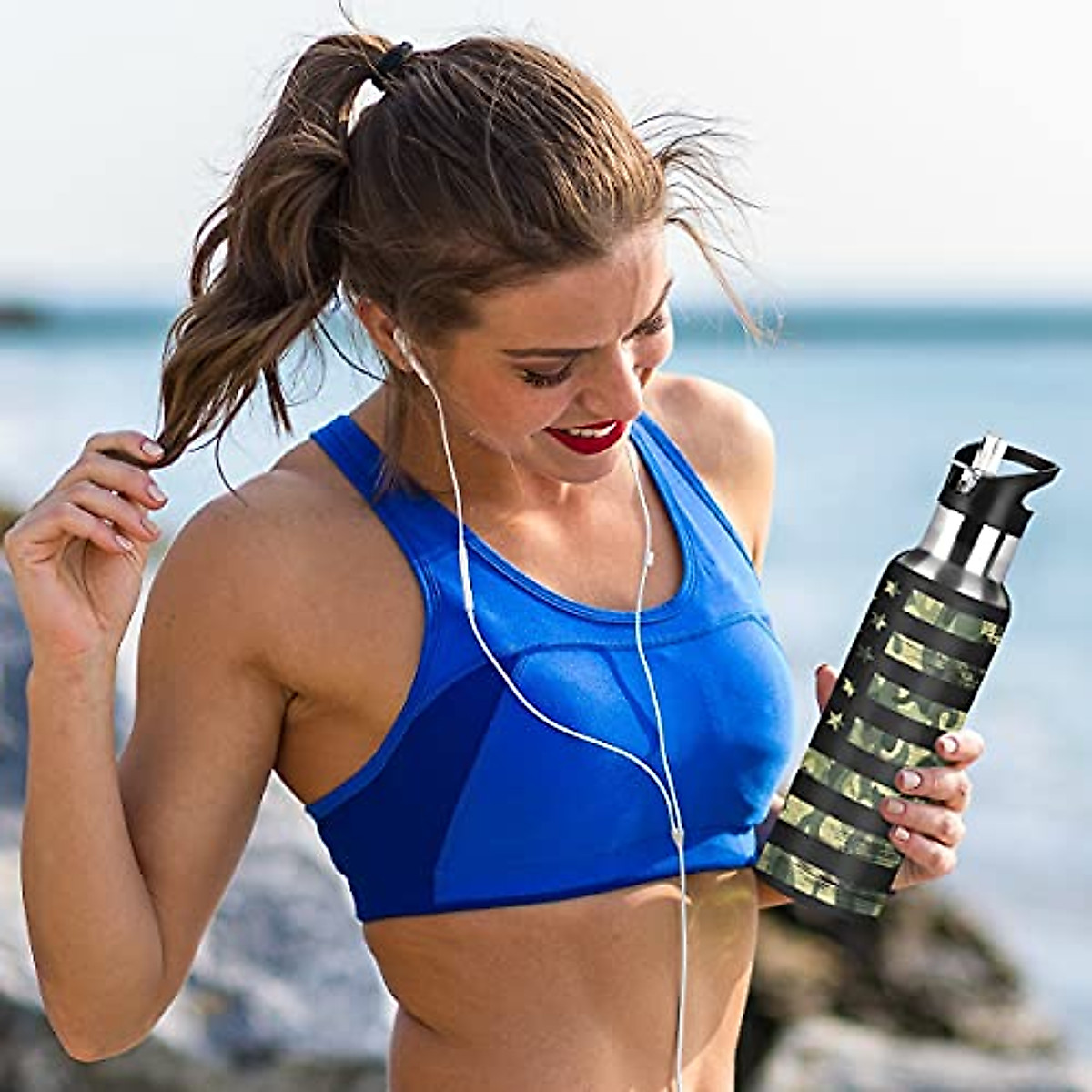 Yasala Water Bottle Camo American Flag Coffee Thermos Stainless Steel Insulated Beverage Container 20 oz with Straw Lid BPA-Free for Sport, Travel, Camping, Back to School