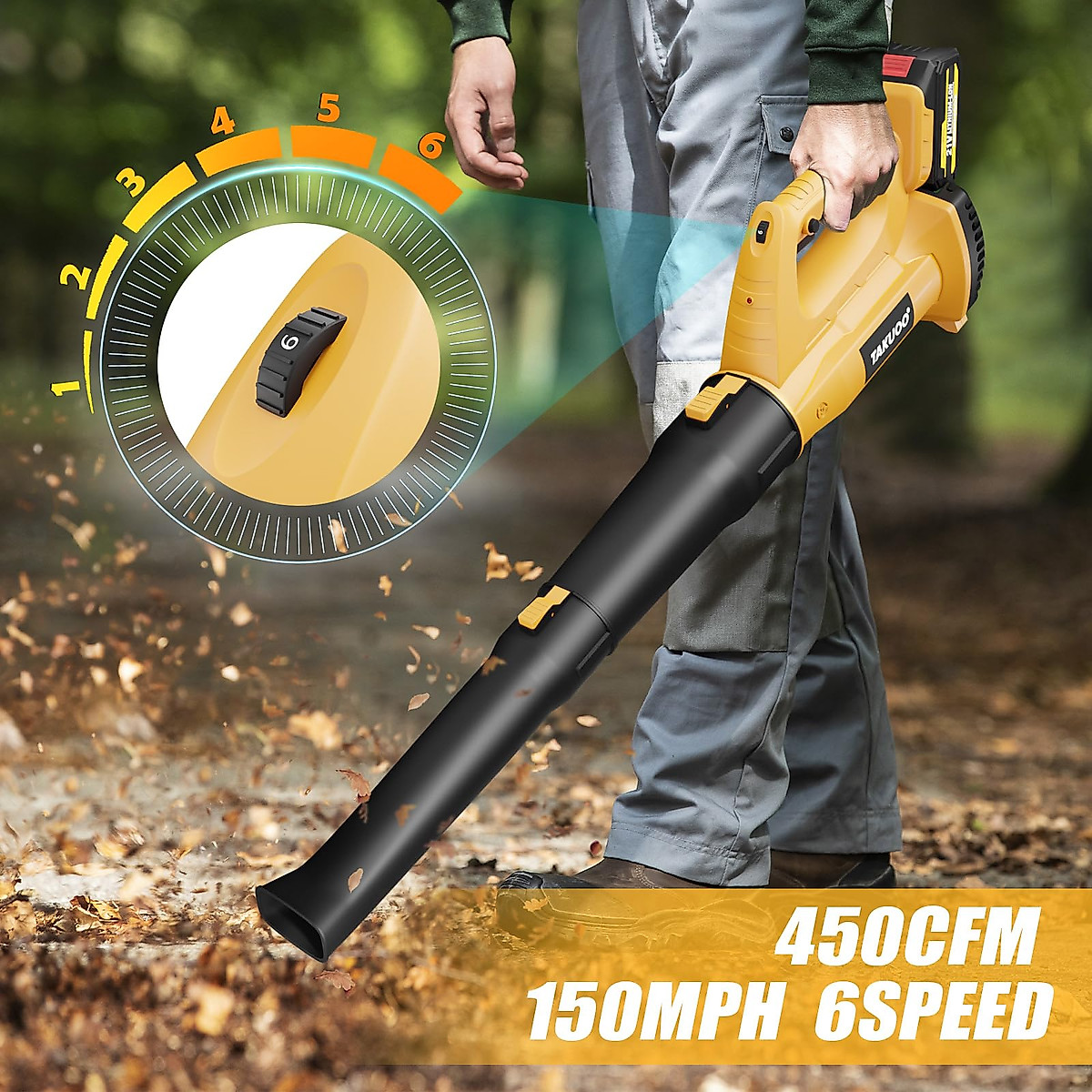 Takuoo Cordless Leaf Blower, 450CFM 150MPH 21V Electric Leaf Blower with 2 x 4.0Ah Battery and Charger, 6 Speed Portable Lightweight Small Blower for Lawn Care Sweeping Snow, Yard, Garden, Patio