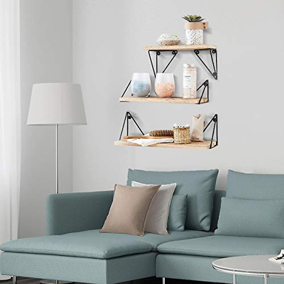 Coral Flower Space Saving Floating Mounted Set Of 3 Rustic Wood Wall Shelves Hanging Shelves for Decor and Shelving in Living Room, Bedroom and Bathroom