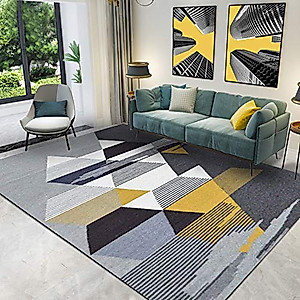 Modern Geometric Area Rug, Easy Clean Fade Resistant Grey Yellow Abstract Brush Stroke Rectangular Carpet for Living Room/Bedroom/Kitchen,55.1x78.7in/4.5'x6.5'