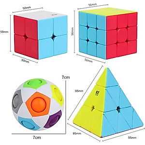 Roxenda Speed Cube Set, Speed Cube Bundle of 2x2 3x3 Pyramid Cube and Magic Rainbow Ball Smoothly Magic Cubes Collection for Kids Teens & Adults [4 Pack] (Stickerless)