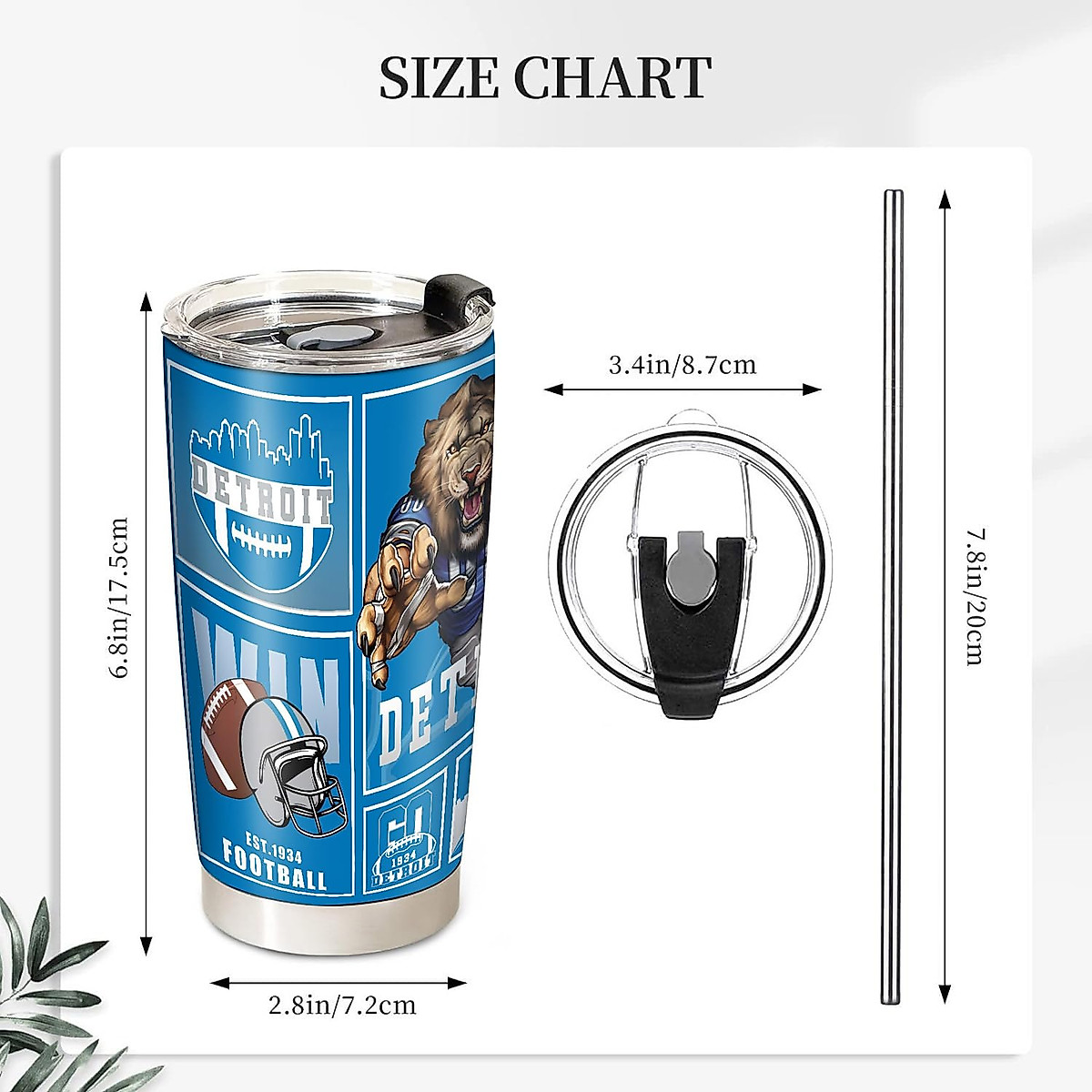 20oz Insulated Stainless Steel Tumbler, Coffee Travel Mug, Sports Style Double Wall Powder Coated Insulated Coffee Mug Travel Mug with with Lid and Straw Thermal Cup for Detroit