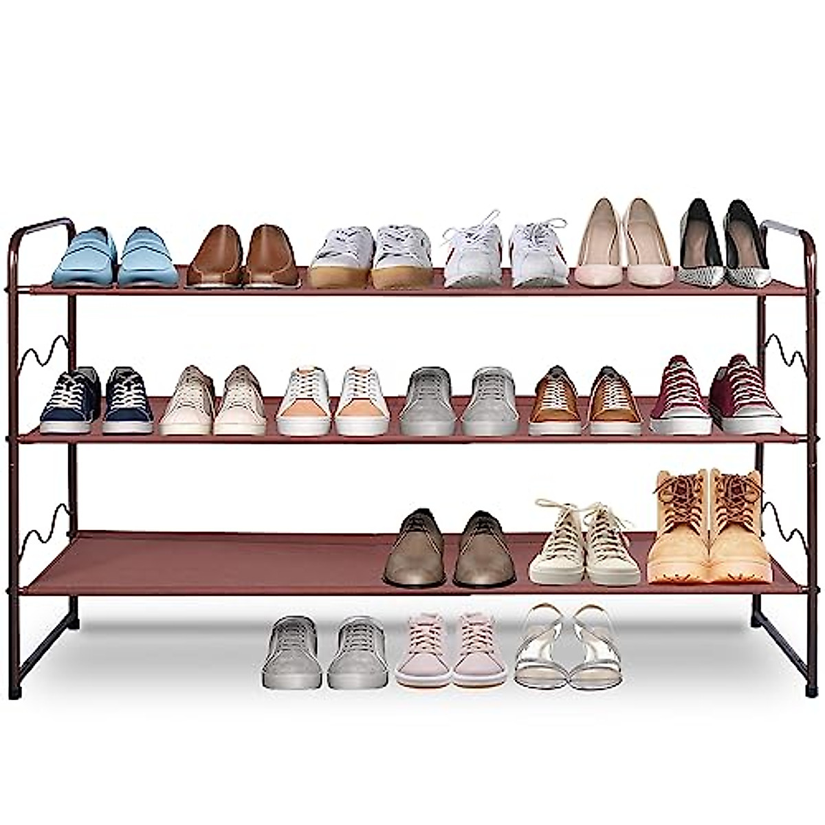 ZXNABA 3-Tier Shoe Rack Stackable Long Shoe Shelf Storage Organizer for Closet, Entryway 18-Pair / 24-Pair (Golden-Brown)