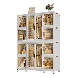 Veemuaro Portable Kids Closet, Children's Wardrobe Closet with 2 Hanging Rod, 8 Wheels, 12 Magnetic Clear Door and 16 Hangers, Foldable Plastic Storage Cabinet for Children's Room, Cloakroom, Bedroom